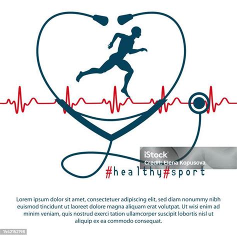 유산소 운동 스포츠 및 건강 개념이 플랫 스타일입니다 텍스트를 위한 공간이 있는 격리된 흰색 배경에 심장 맥박과 청진기로 움직이는 남성 운동 선수 청진기에 대한 스톡 벡터