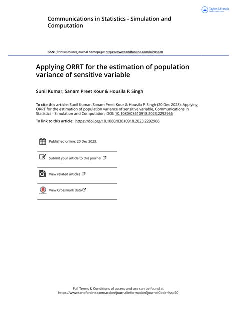 Pdf Applying Orrt For The Estimation Of Population Variance Of Sensitive Variable Applying