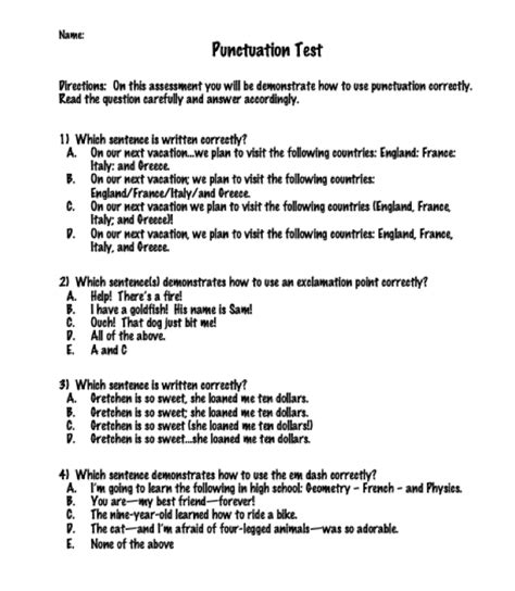 Punctuation Mark Test Teaching Resources