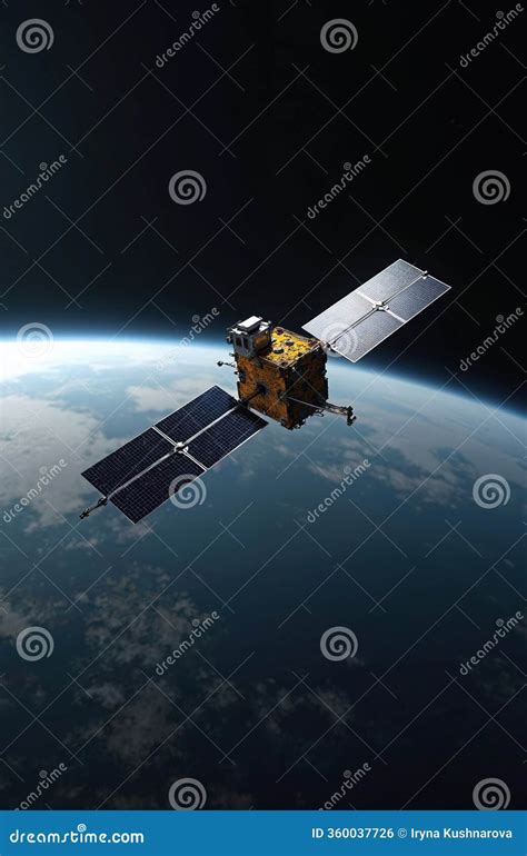 Satellite Orbiting Earth Artificial Satellite Equipped With Solar Panels Transmits Data To