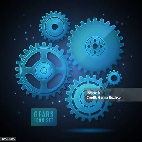 어두운 배경에 유리 파란색 네온 기어의 그룹 톱니 바퀴 아이콘 디자인 벡터 일러스트 레이 션 개체 그룹에 대한 스톡 벡터 아트 및 기타 이미지 Istock