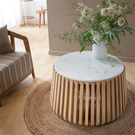 Table Basse Ronde En Bois De Manguier Et Marbre Blanc Naxos Made In