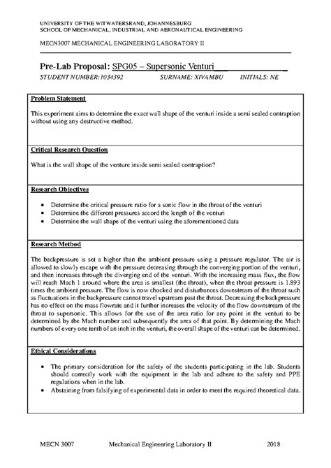 Pre Lab Proposal Spg05 Supersonic Venturi University Of The