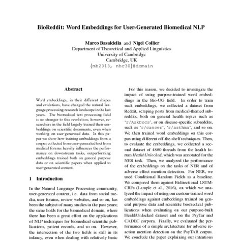 Bioreddit Word Embeddings For User Generated Biomedical Nlp Acl Anthology