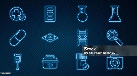 세트 라인 응급 처치 키트 검색 의료용 테스트 튜브 및 플라스크용 돋보기 의약품 알약 태블릿 크로스 병원 Dna 기호 및 알약 블리스터 팩 아이콘 벡터 0명에 대한 스톡