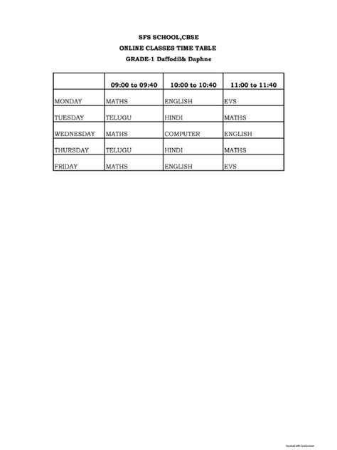 Grade 1 Time Table Pdf