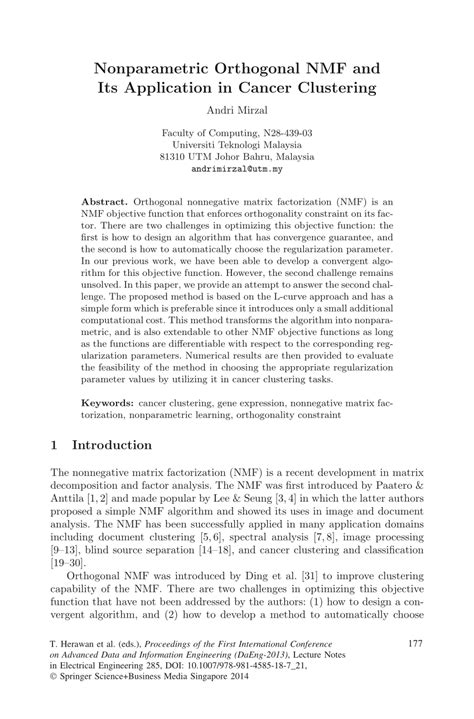 Pdf Nonparametric Orthogonal Nmf And Its Application In Cancer Clustering