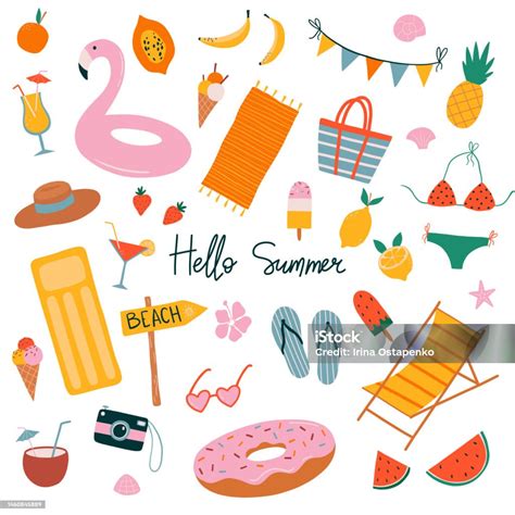 여름 아이콘의 큰 세트 수영복 선글라스 비치 모자 카메라 플라밍고 풍선 수영장 반지 아이스크림 과일 여름 포스터 스크랩북 요소 포스터 스티커 여름 파티 여름에 대한 스톡
