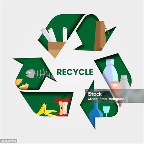 식품 골판지 종이 유리 플라스틱 브리크 등 재활용 할 수있는 다양한 물건으로 기호를 재활용 고객에 대한 스톡 벡터 아트 및 기타 이미지 Istock