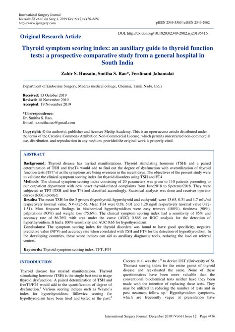 Pdf Thyroid Symptom Scoring Index An Auxiliary Guide To Thyroid Function Tests A Prospective