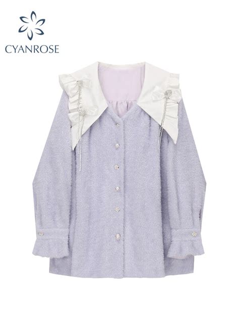 봄 여성 긴 소매 모직 셔츠 미니 드레스 여성 달콤한 귀여운 피터팬 칼라 싱글 브레스트 하이 웨이스트 라인 드레스 새로운 원피스