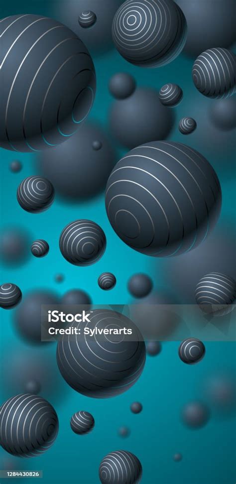 사실적인 줄 지어 구 벡터 일러스트 스마트 폰 배경 라인과 필드 효과의 깊이와 아름다운 공과 전화에 대한 추상적 배경 3d 글로브 디자인 개념 예술 3차원 형태에 대한 스톡