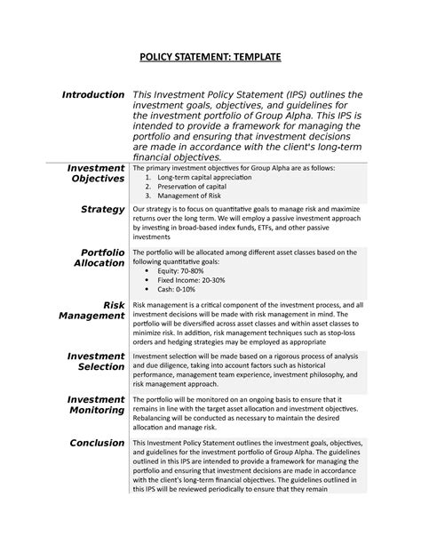 Policy Statement Useful Policy Statement Template Introduction This Investment Policy