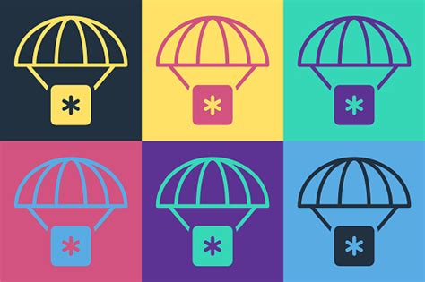 팝 아트 인도주의적 원조 아이콘은 컬러 배경에 분리되어 있다 의료화물은 낙하산으로 접근하기 어려운 곳으로 내려갑니다 벡터 개념에 대한 스톡 벡터 아트 및 기타 이미지