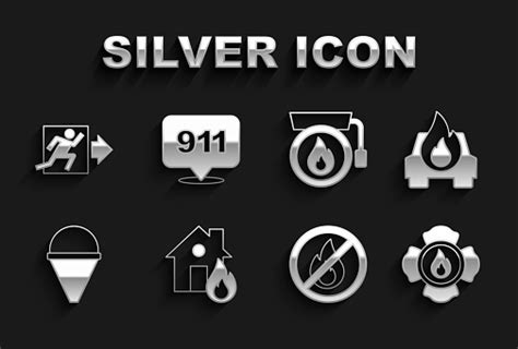 불타는 집 불타는 자동차 소방관 화재 없음 원뿔 양동이 울리는 경보 벨 출구 및 비상 전화 911 아이콘에 불을 설정하십시오 벡터 건축하기에 대한 스톡 벡터 아트 및 기타