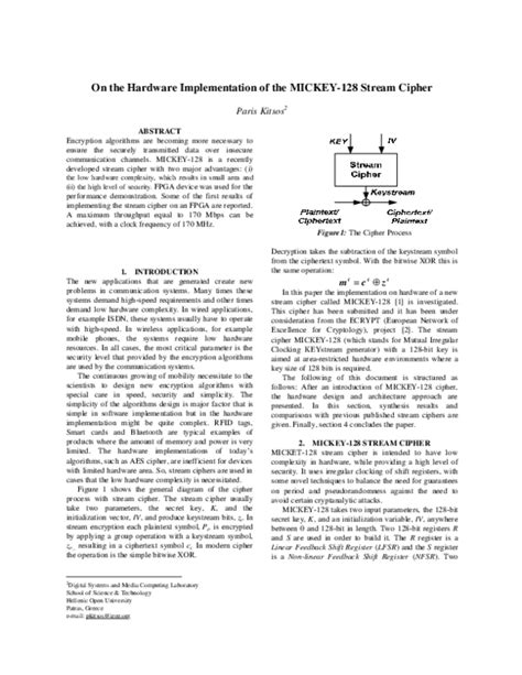 Pdf On The Hardware Implementation Of The Mickey 128 Stream Cipher