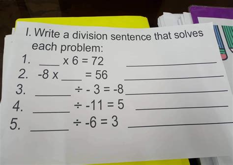 write a division sentence that solves each problem 1 × 6 72
