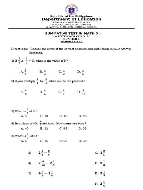 Summative Test In Math 5week 5 7 Pdf