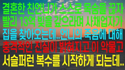 언니가 세상을 떠난 뒤 대신 13억 원의 빚을 갚으라는 사채업자가 집으로 찾아오고 언니의 죽음에 숨겨진 충격적인 진실이 드러나면서 복수를 결심하게 된다실화사연
