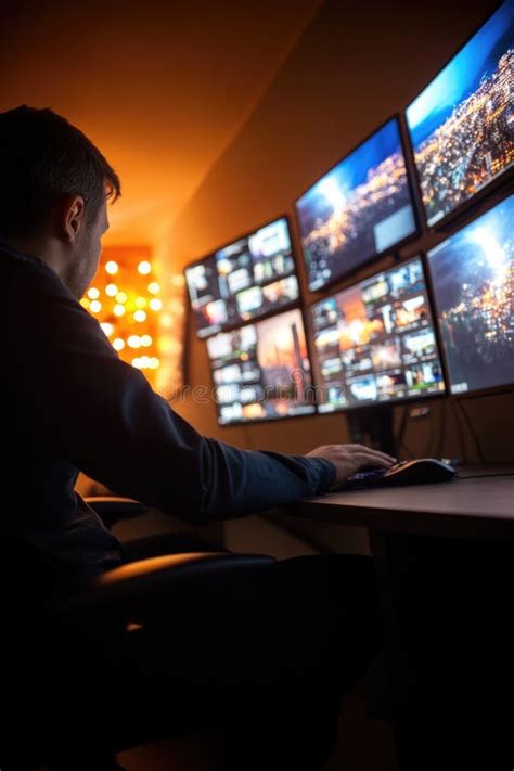 Male Programmer Working In Dark Room With Multiple Computer Screens