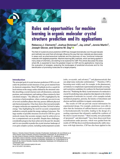 Pdf Roles And Opportunities For Machine Learning In Organic Molecular Crystal Structure