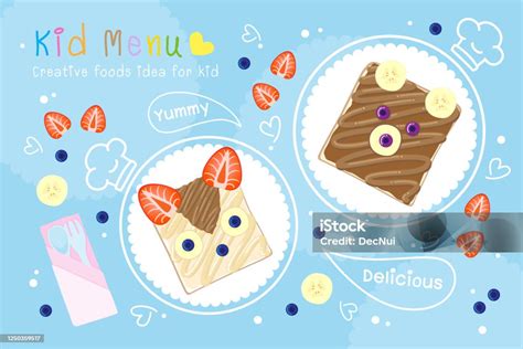 아이를위한 창조적 인 아이디어 우유와 과일 딸기 바나나 블루 베리 귀여운 식품 스타일 벡터 일러스트와 빵의 조각 건강한 생활방식에 대한 스톡 벡터 아트 및 기타 이미지