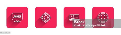 직업 헤드 헌팅 노트북 이력서 및 긴 그림자가 있는 계정 만들기 화면으로 라인 말풍선을 설정합니다 빨간색 사각형 버튼입니다 벡터