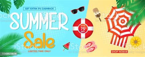 쇼핑 판매를 위한 해변 우산과 열 대 잎 배경 여름 판매 배너 템플릿입니다 배너 디자인입니다 포스터 카드 웹 배너 벡터 일러스트
