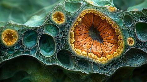 Magnified View Of A Microscopic Sample Of Plant Cells Including