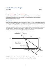 Lab12 Refraction Of Light Docx Lab 10 Refraction Of Light PSCI 1030 Name Adel Mehani NSCC