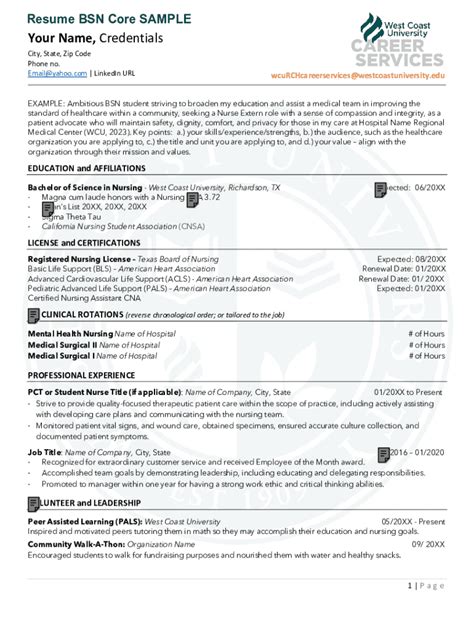 Fillable Online Resume Bsn Core Sample Your Name Credentials Fax Email Print Pdffiller