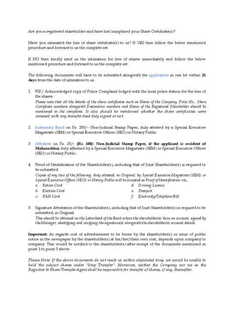 Company Duplicate Share Certificate Procedure Pdf Notary Public