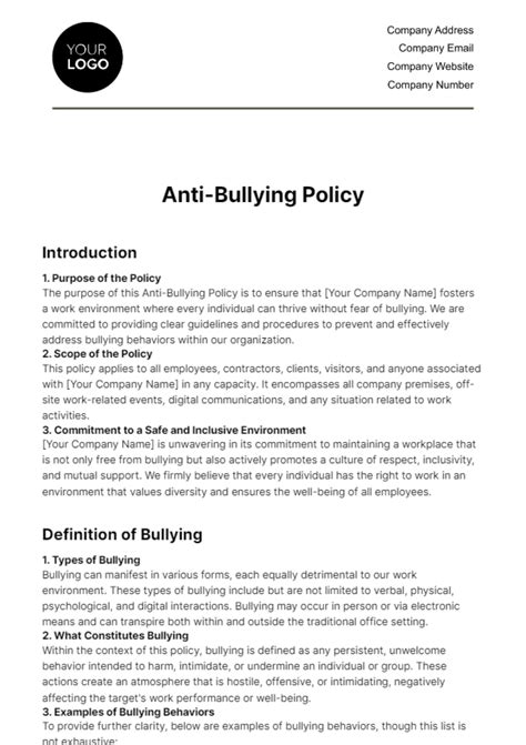 Free Anti Bullying Policy Hr Template To Edit Online