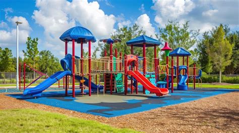 A School Playground With Clean And Brightly Colored Play Structures