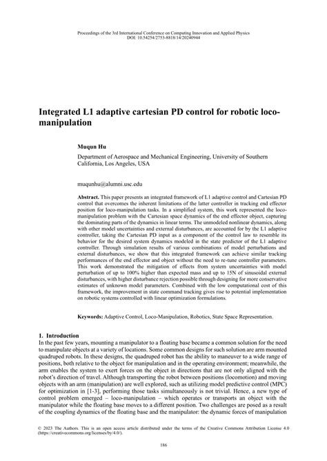 Pdf Integrated L1 Adaptive Cartesian Pd Control For Robotic Loco Manipulation