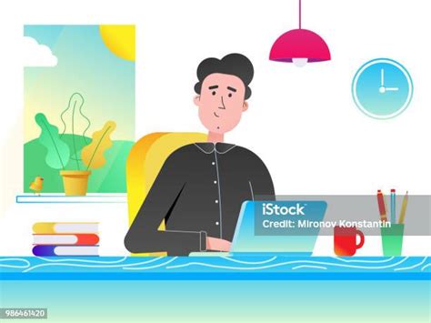 사무실 집에서 노트북에서 작업 하는 축구에서 실업가 남자 노트북 테이블 책 펜 연필 램프 컵 커피 창 시계 평면 활기찬 그라데이션 버전 벡터 Illustratration