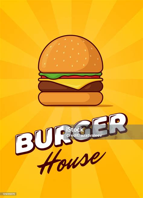 햄버거 하우스 패스트 푸드 식사 광고 포스터 와 광선 및 글자 비문 맛있는 햄버거 또는 치즈 버거 홍보 배너 디자인 템플릿 레스토랑 메뉴에 대한 벡터 일러스트레이션 스케치에