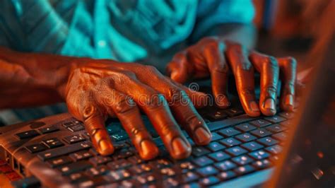 Close Up Of Hands Typing On A Backlit Laptop Keyboard In A Dimly Lit