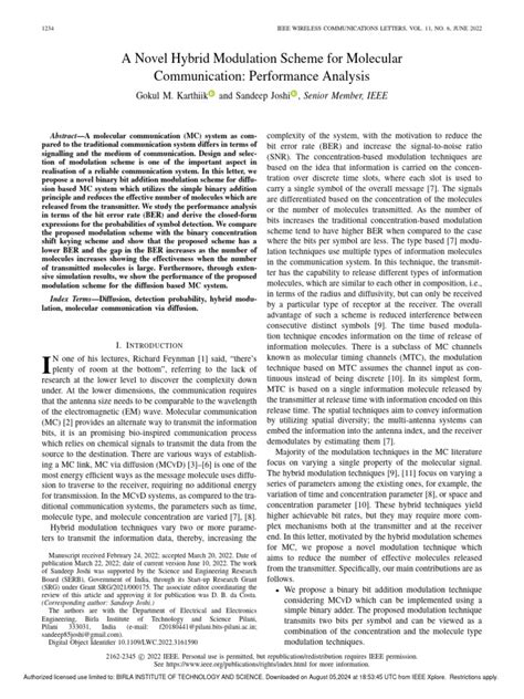 A Novel Hybrid Modulation Scheme For Molecular Communication Performance Analysis Pdf