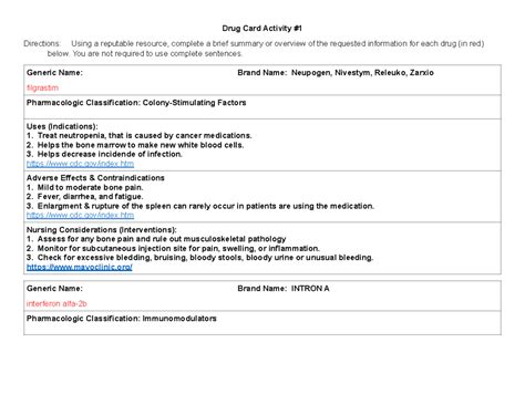 Drug Card Activity 1 You Are Not Required To Use Complete Sentences