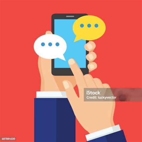 스마트폰 및 채팅 거품 연설 핸드입니다 온라인 대화 개념입니다 Brand Name Online Messaging Platform에 대한 스톡 벡터 아트 및 기타 이미지