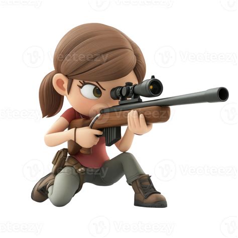 A Determined Female Character Aiming With A Sniper Rifle In A Dynamic Pose PNG