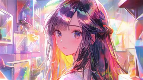 Download Wallpaper 1920x1080 Girl Glance Eyes Anime Art Shelves