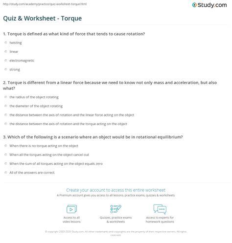 Quiz And Worksheet Torque