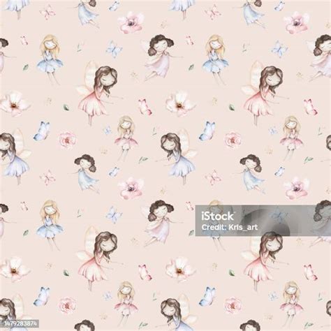 요정과 꽃 수채화 매끄러운 소녀 보육 패턴입니다 만화 핑크 마술 소녀 아기 배경 페이티테일 텍스타일 아트 개체 그룹에 대한 스톡