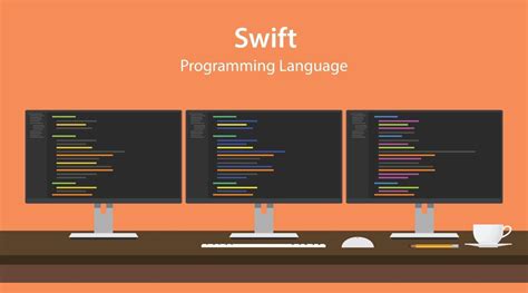 illustration of swift programming language code displayed on three monitor in a row at