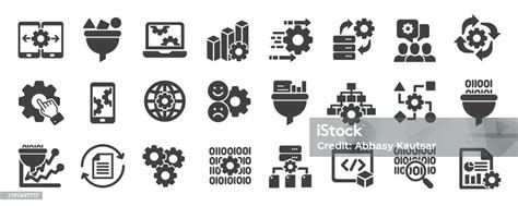 데이터 처리 글리프 솔리드 아이콘 컬렉션 분석 데이터베이스 시각화를 포함합니다 최소한의 아이콘과 상징 시리즈 벡터 일러스트 레이 션 It 지원에 대한 스톡 벡터 아트 및