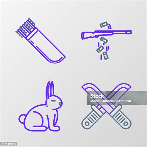 세트 라인 교차 사냥꾼 칼 토끼 총 사격 및 화살 아이콘이 있는 화살통 벡터 강철에 대한 스톡 벡터 아트 및 기타 이미지 강철 겨냥 과녁 Istock