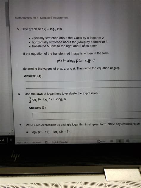 solved mathematics 30 1 module 6 assignment 5 the graph of