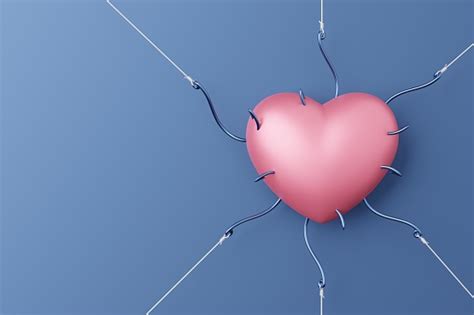 매달려 심장 기호 3d 는 피쉬 후크와 핑크 색상을 렌더링 발렌타인 데이는 복사 공간과 파란색 배경에 사랑 개념 디자인에 가을 3차원 형태에 대한 스톡 사진 및 기타 이미지